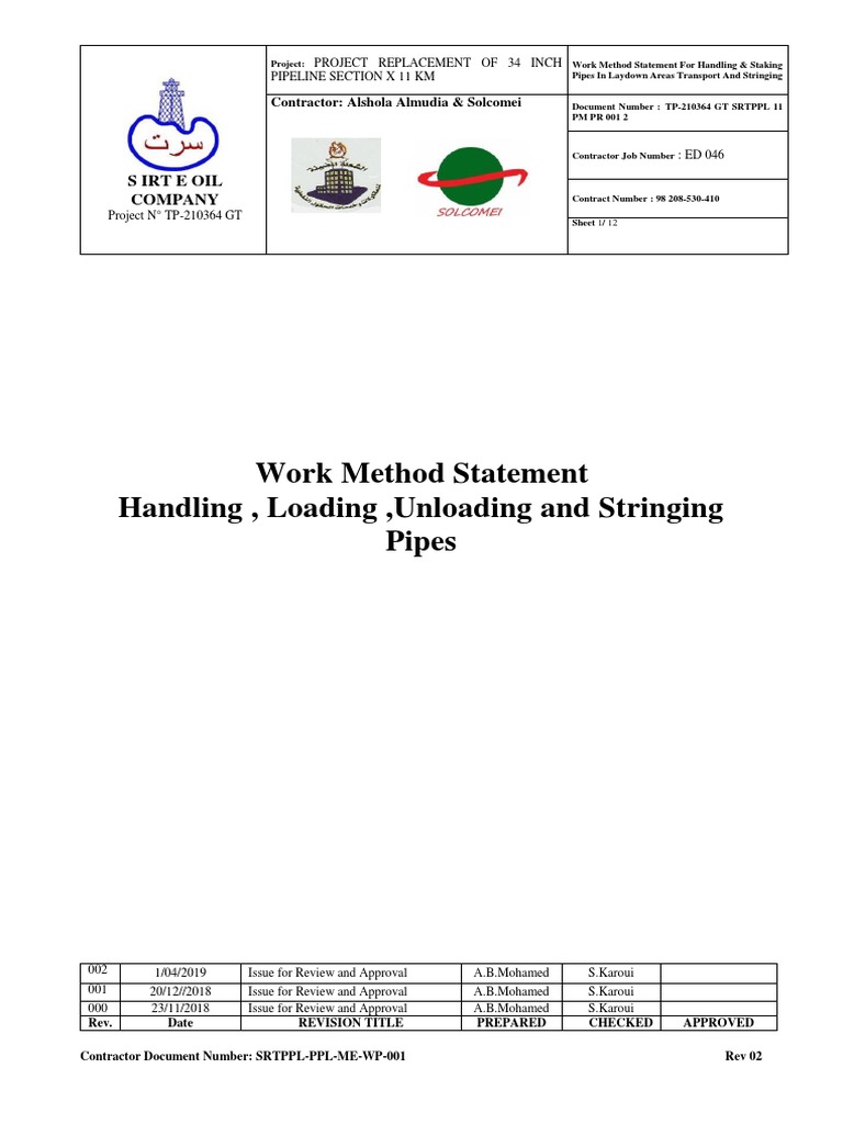 Work Method Statement - Handling Loading Unloading and Stringing Pipes | PDF | Pipeline ...