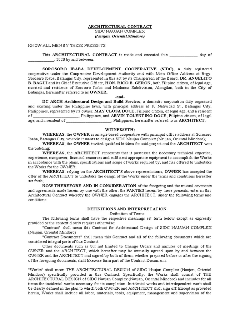 ARCHITECTURAL CONTRACT Sidc Naujan | PDF | Specification (Technical Standard) | Architect