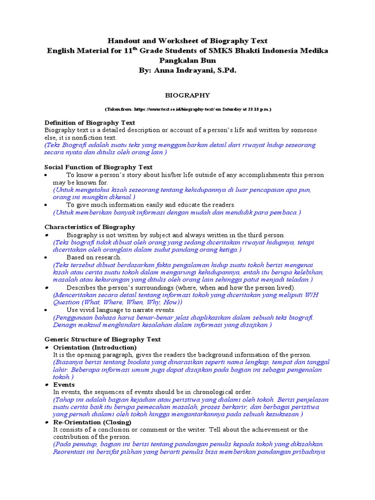 Handout and Worksheet of Biography Text | PDF