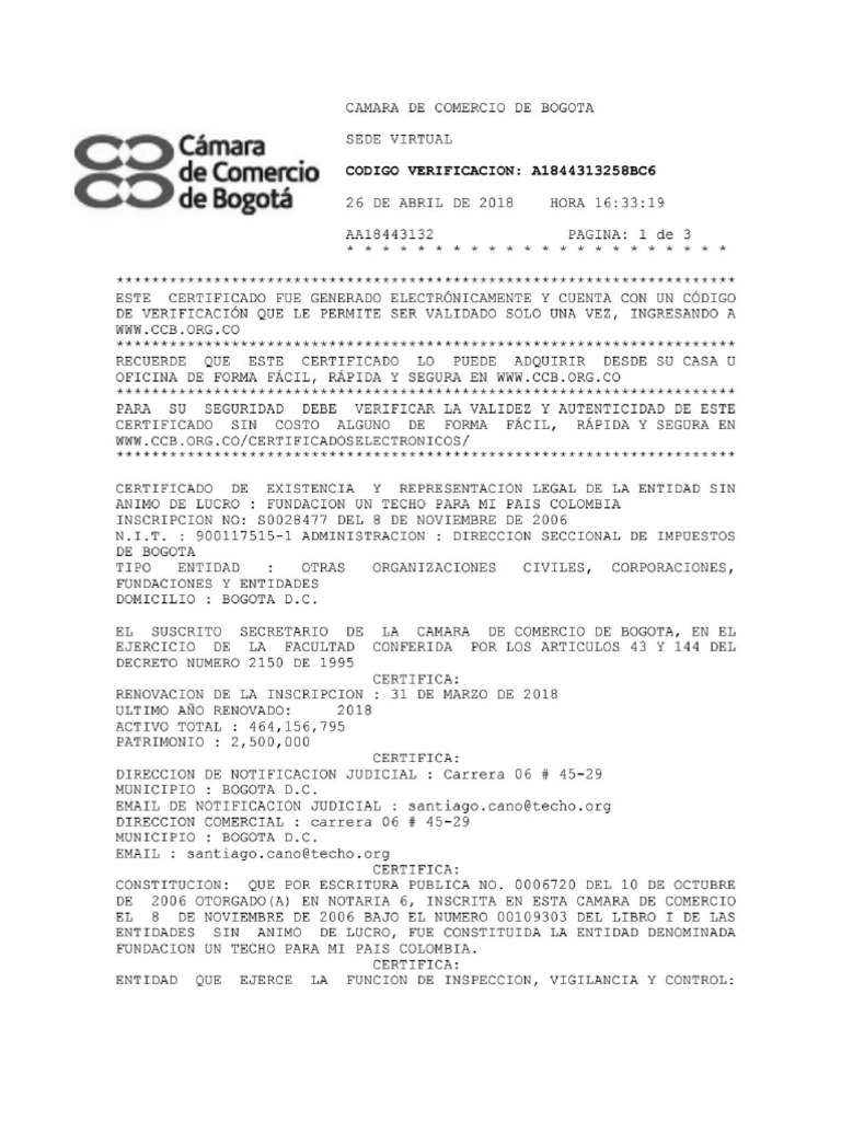 5.certificado de Existencia y Representación Legal en La Cámara de Comercio | PDF