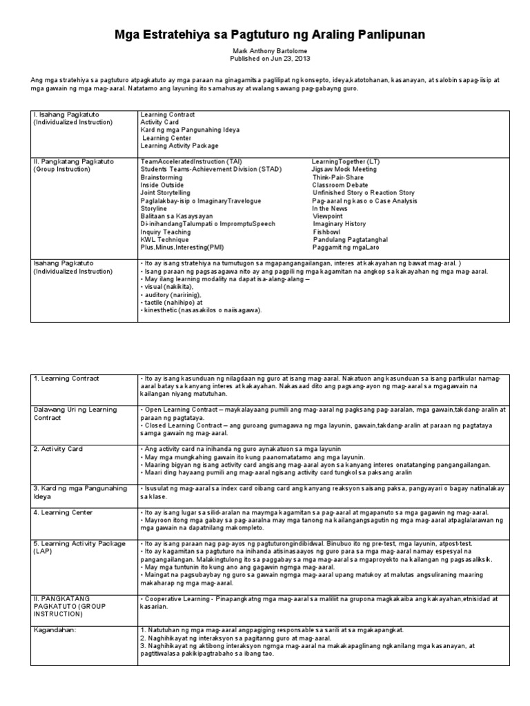 Mga Estratehiya Sa Pagtuturo NG AP 2 | PDF