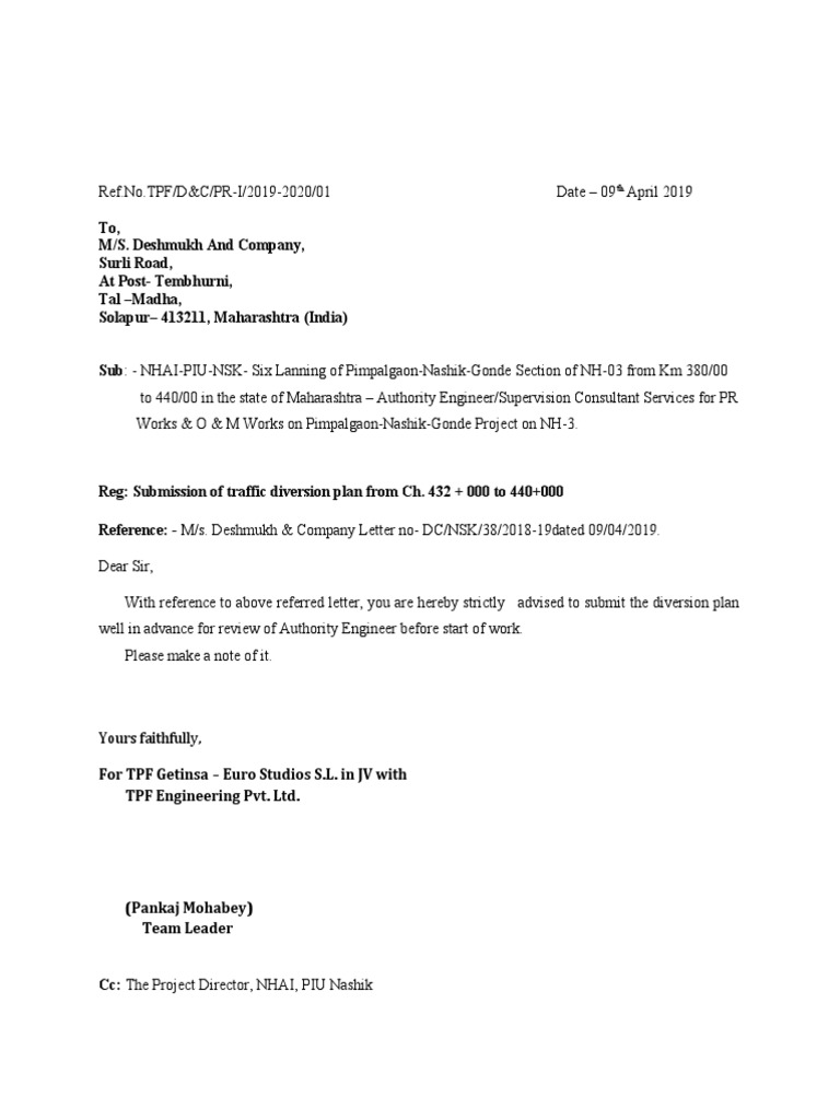 Draft Letter Submission of Diversion Plan | PDF