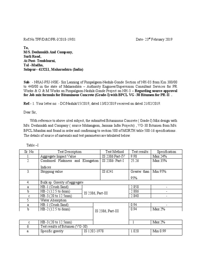 Draft Letter Regarding Source Approval For Bituminous Concrete Grade-1 ...