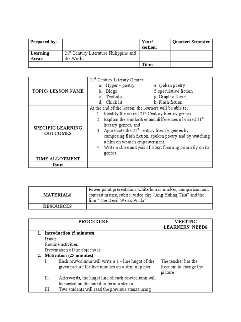21st Century Sample Lesson Plan | PDF | Poetry | Genre