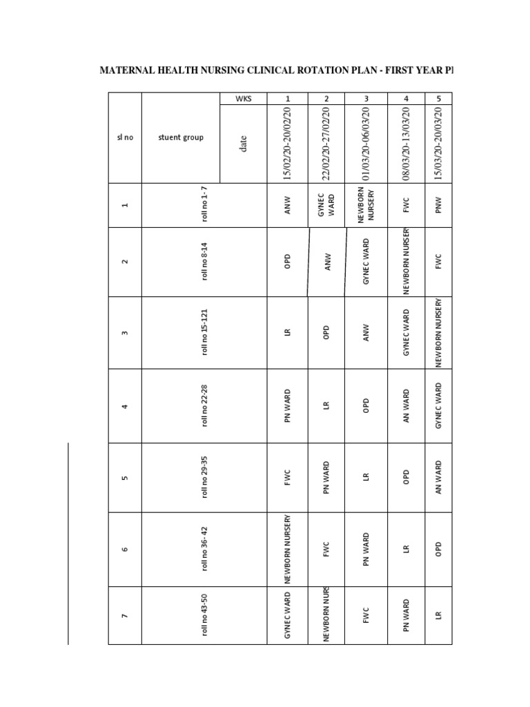 Clinical Rotation Plan - Maternal Health Nursing First Year PBBSC ...