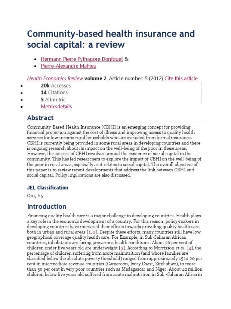 Community-Based Health Insurance and Social Capital: A Review | PDF ...
