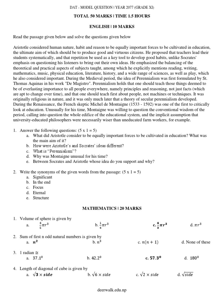 Model Questions For Class XI Entrance Exam | PDF | Cartesian Coordinate ...