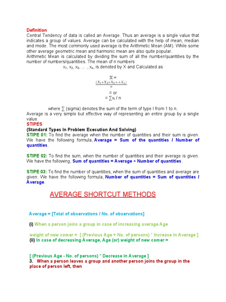 Average Shortcut Methods: (Standard Types in Problem Execution and ...