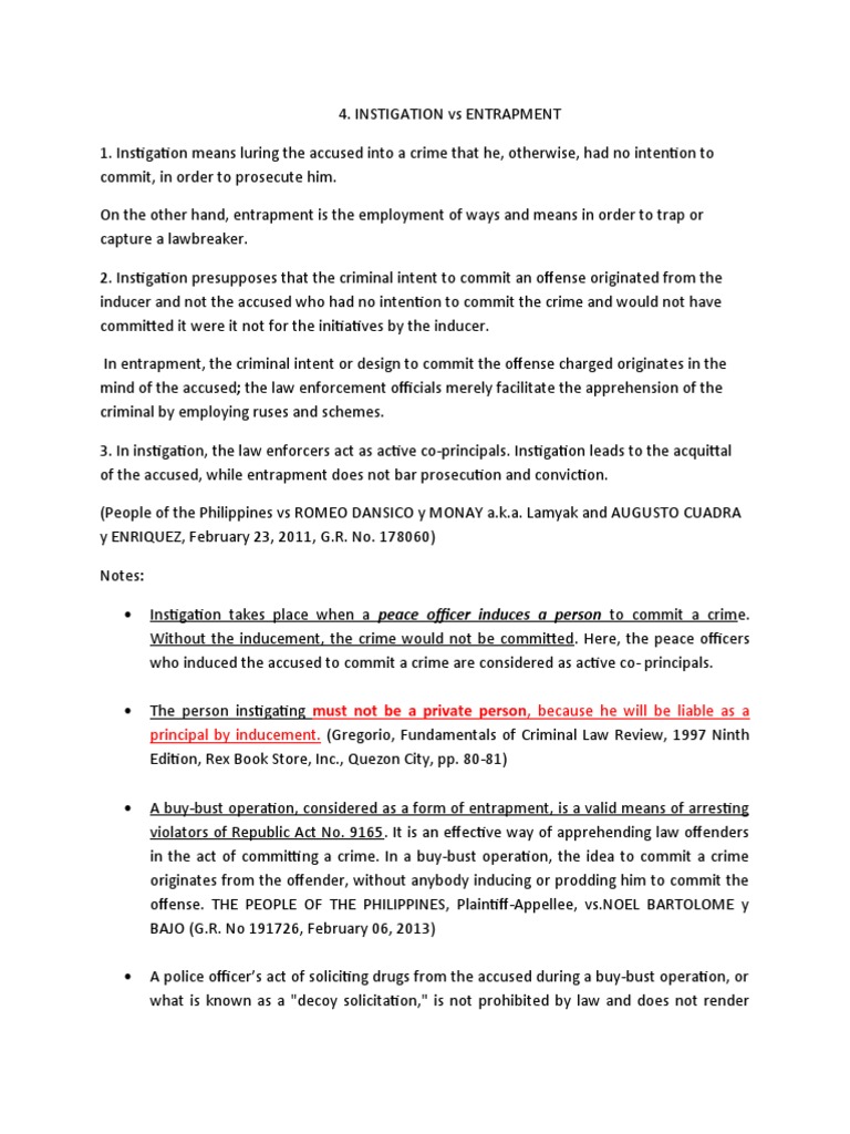 Instigation Vs Entrapment | PDF | Entrapment | Crime & Violence