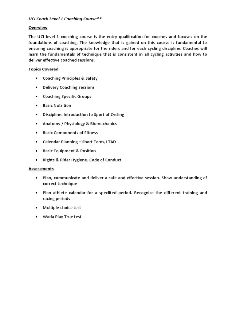 UCI Coach Level 1 Coaching Course | PDF | Diploma | Road Bicycle Racing