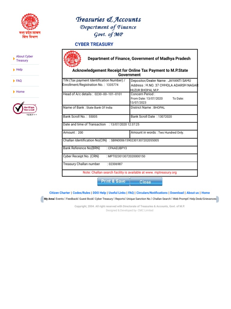 Cyber Treasury receipt for online tax payment | PDF | Service ...