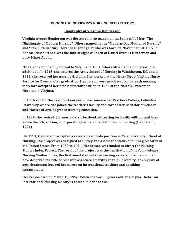 Virginia Henderson'S Nursing Need Theory Biography of Virginia ...