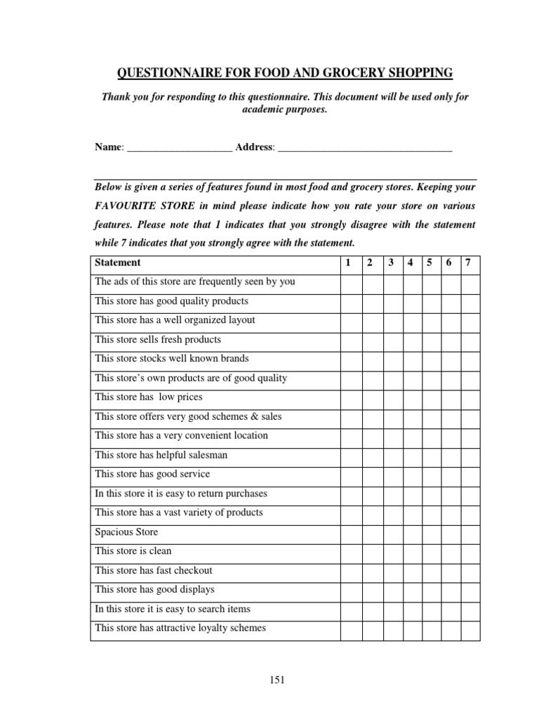 Questionnaire For Food and Grocery Shopping: Name: - Address | PDF ...
