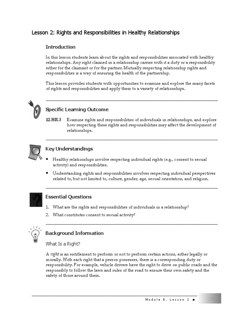 Lesson 2: Rights and Responsibilities in Healthy Relationships | PDF ...