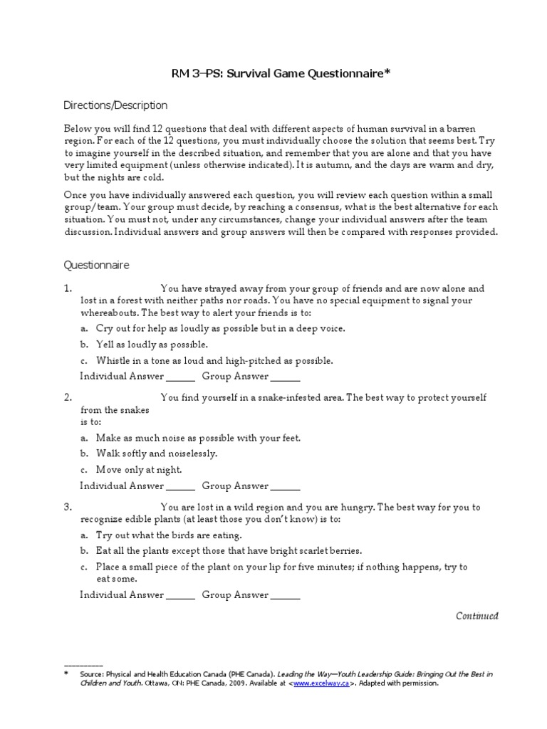 Directions/Description: RM 3-PS: Survival Game Questionnaire | PDF ...