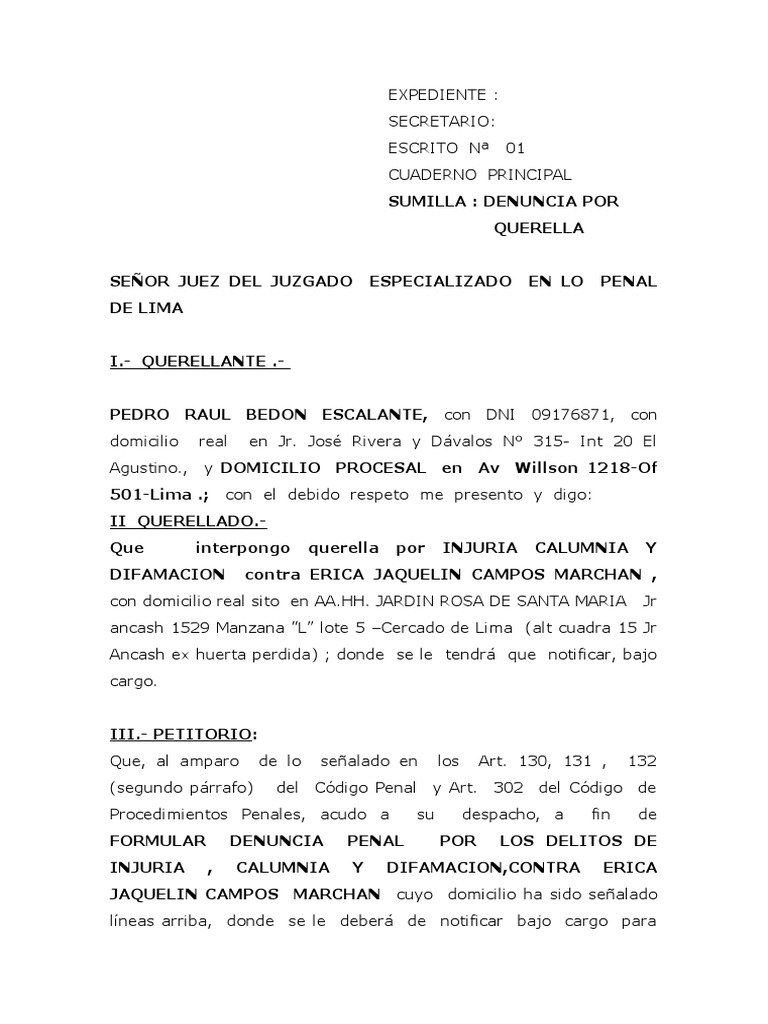 Demanda de Querella | Descargar gratis PDF | Derecho penal | Queja