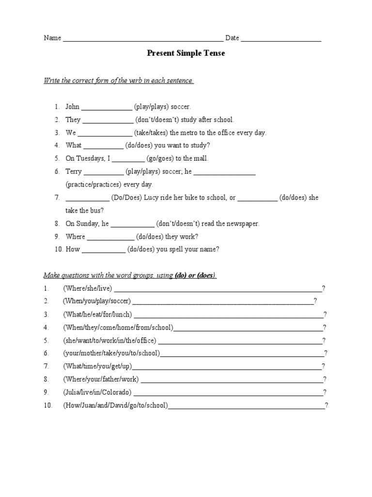 Present Simple Tense: Write The Correct Form of The Verb in Each ...