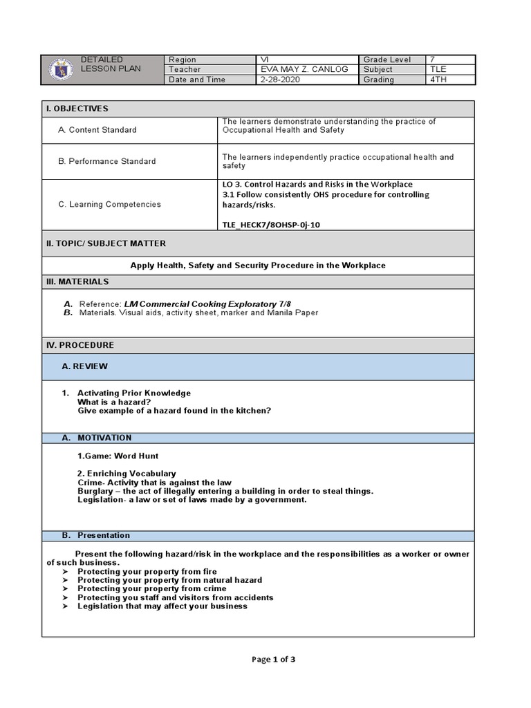 LO 3. Control Hazards and Risks in The Workplace 3.1 Follow ...