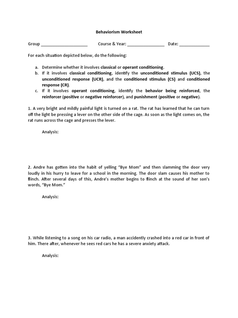 Behaviorism Worksheet | PDF