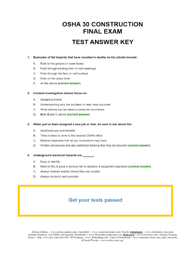 OSHA 30 Construction Final Test Answer Key Online Test PDF | PDF