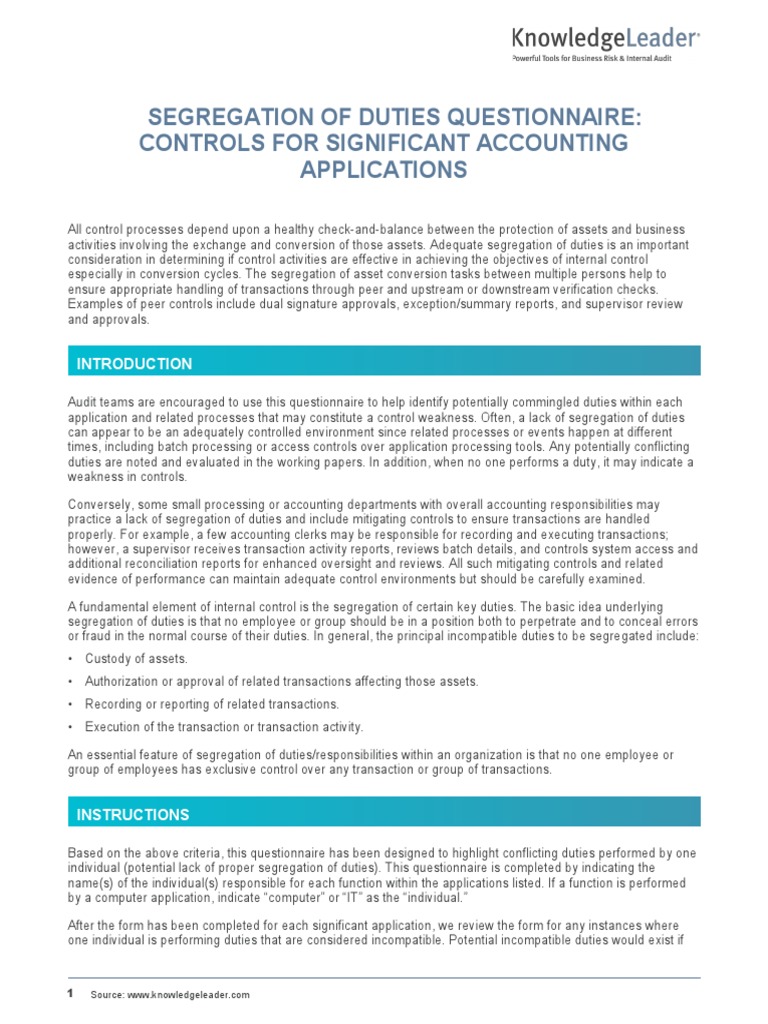 Segregation of Duties Questionnaire - Controls For Significant ...