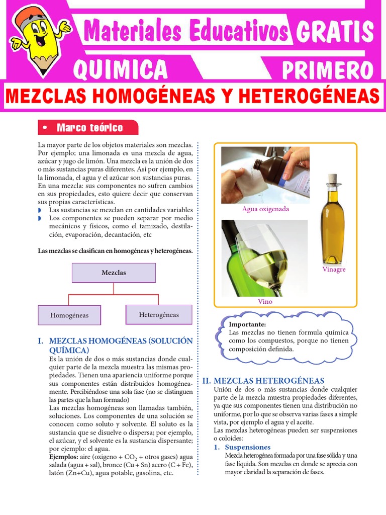 Mezclas Homogéneas y Heterogéneas para Primer Grado de Secundaria | PDF | Mezcla | Sustancias ...