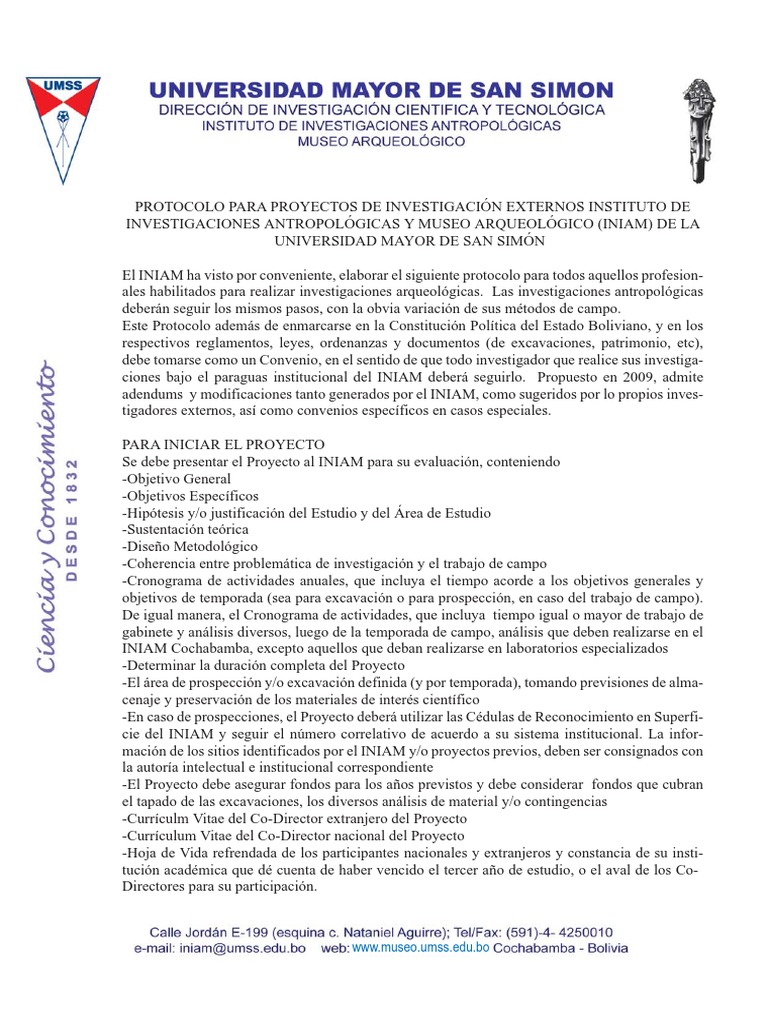 Protocolo Investigacion INIAM UMSS | PDF | Arqueología | Science