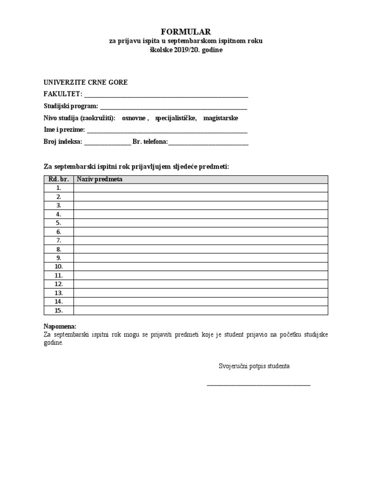 FORMULAR Za Prijavu Ispita | PDF