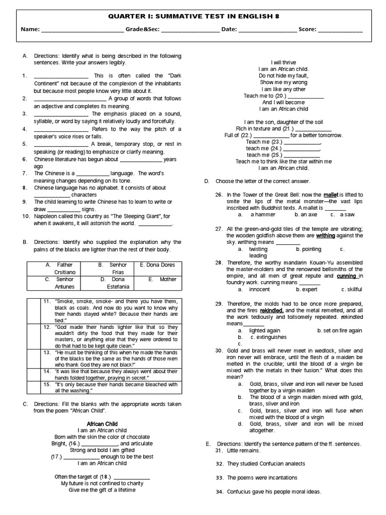 Q1 Eng8 Summative | PDF | Brass | Chinese Language