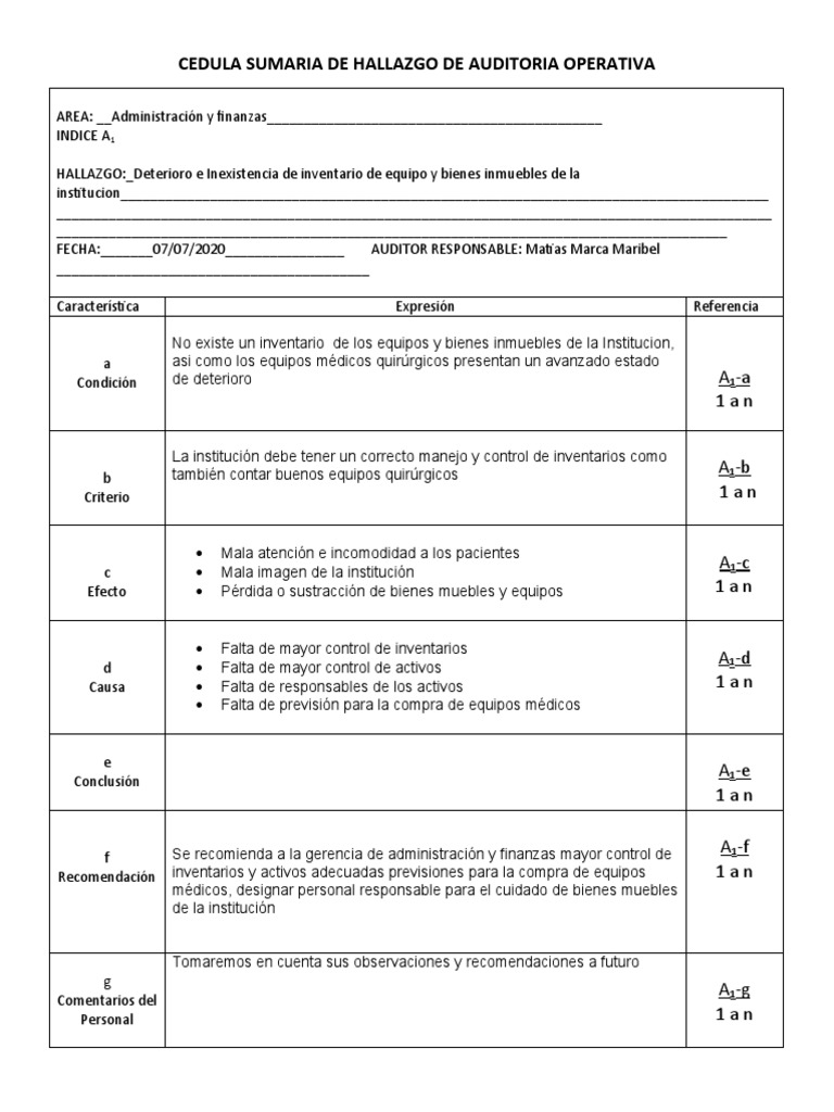 Cedula - Sumaria - de - Hallazgo - de - Auditoria - Operativa Maribel | Descargar gratis PDF ...