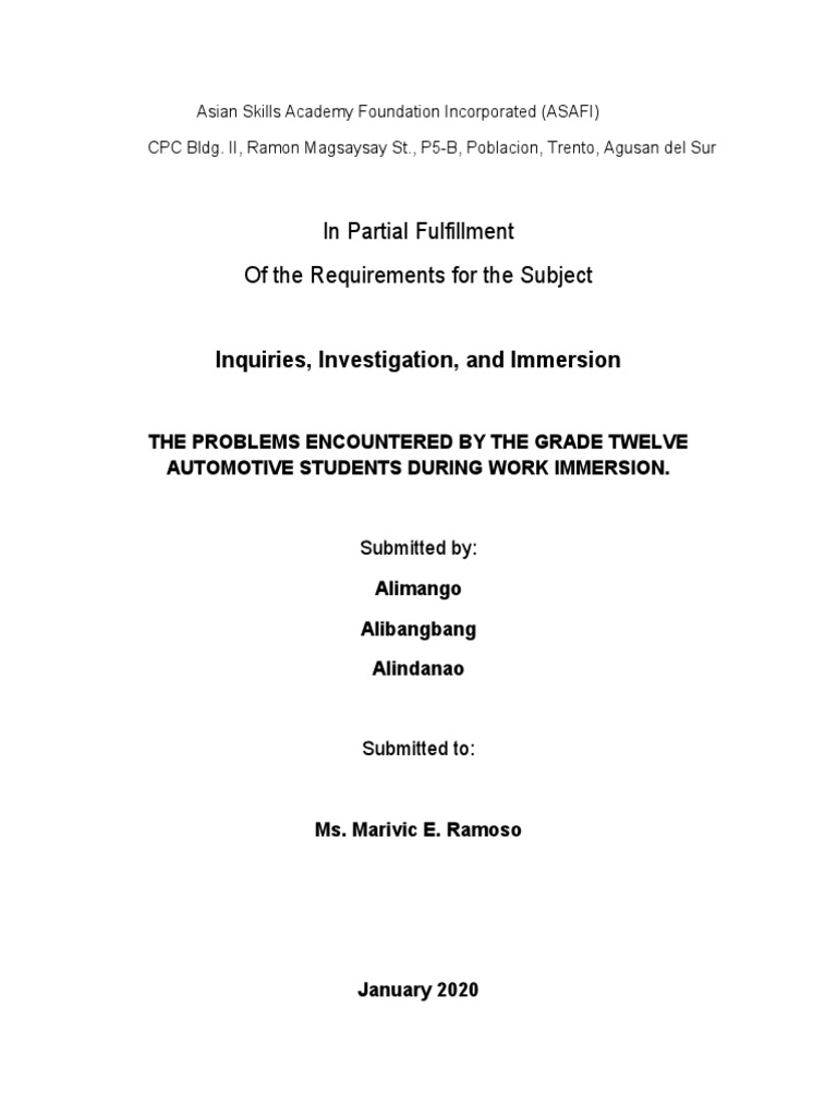 In Partial Fulfillment of The Requirements For The Subject: Inquiries, Investigation, and ...