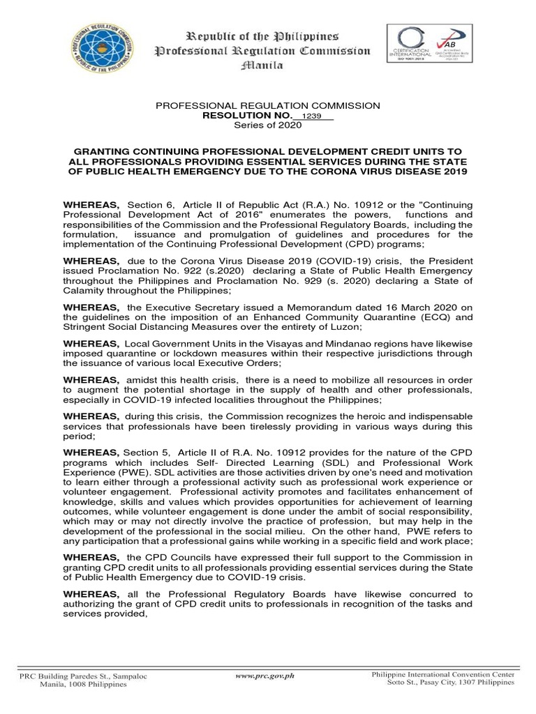 PROFESSIONAL REGULATION COMMISSION RESOLUTION NO. 1239 Series of 2020 ...