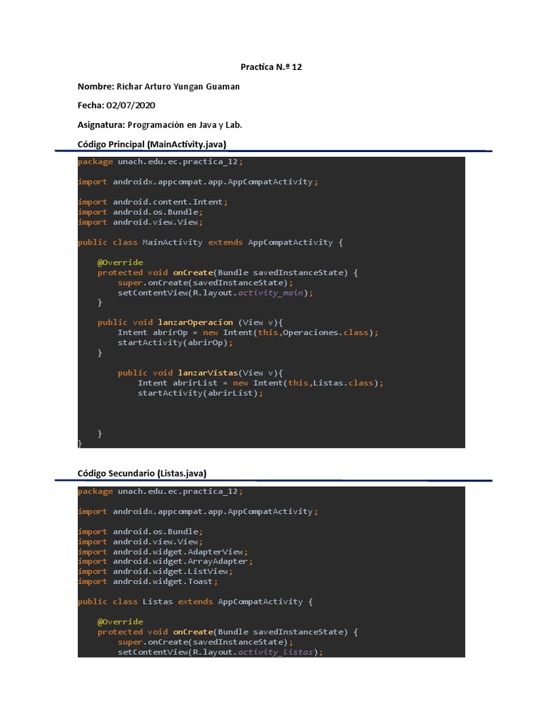 Practica N.º 12 Nombre: Richar Arturo Yungan Guaman Fecha: 02/07/2020 Asignatura: Programación ...