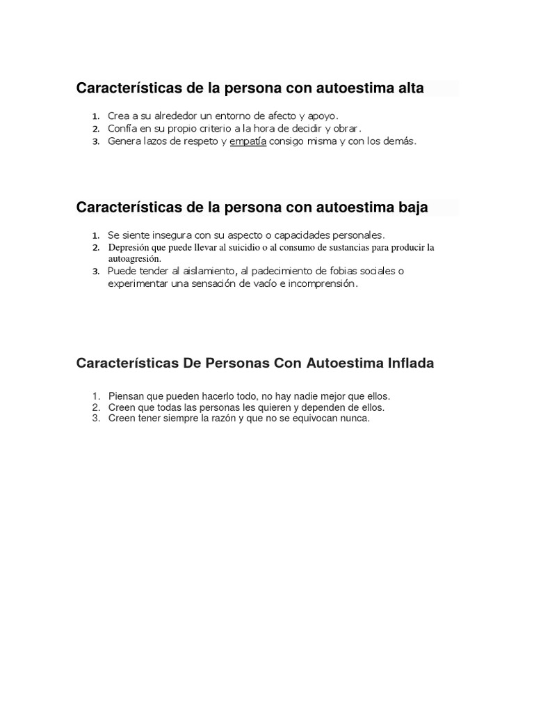 Caracteristicas de La Persona Con Autoestima Alta, Baja y Inflada PDF | PDF