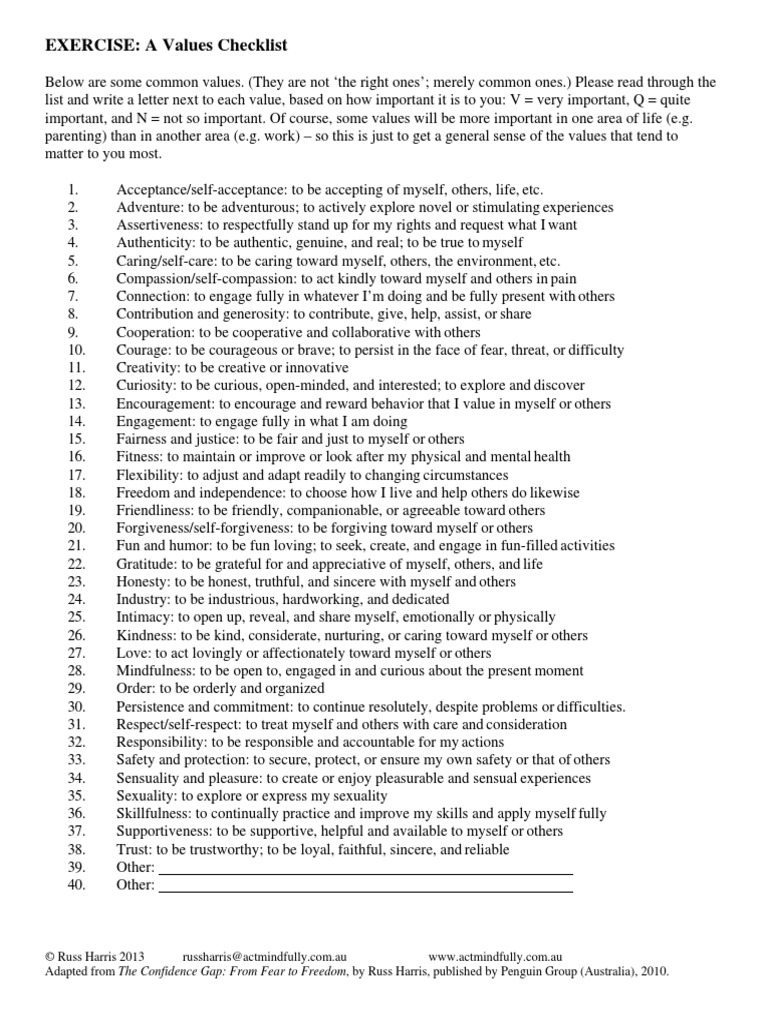 EXERCISE: A Values Checklist | PDF | Forgiveness | Psychological Concepts