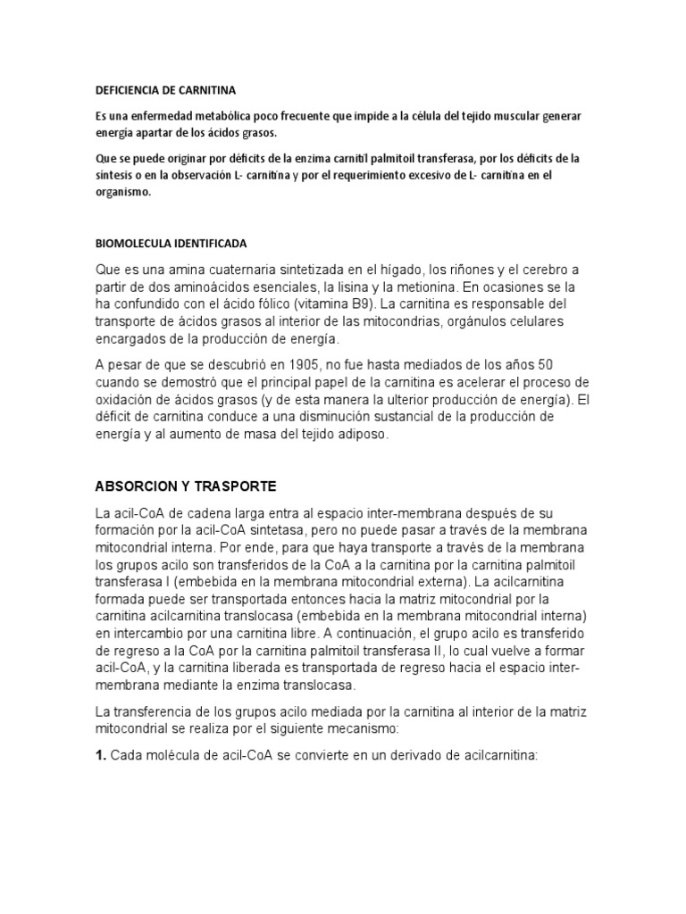 Deficiencia de Carnitina y sus Efectos | PDF | Mitocondria | Biología