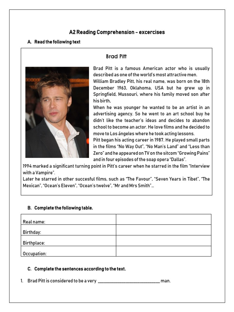 A2 Reading Comprehension Brad | PDF | Brad Pitt