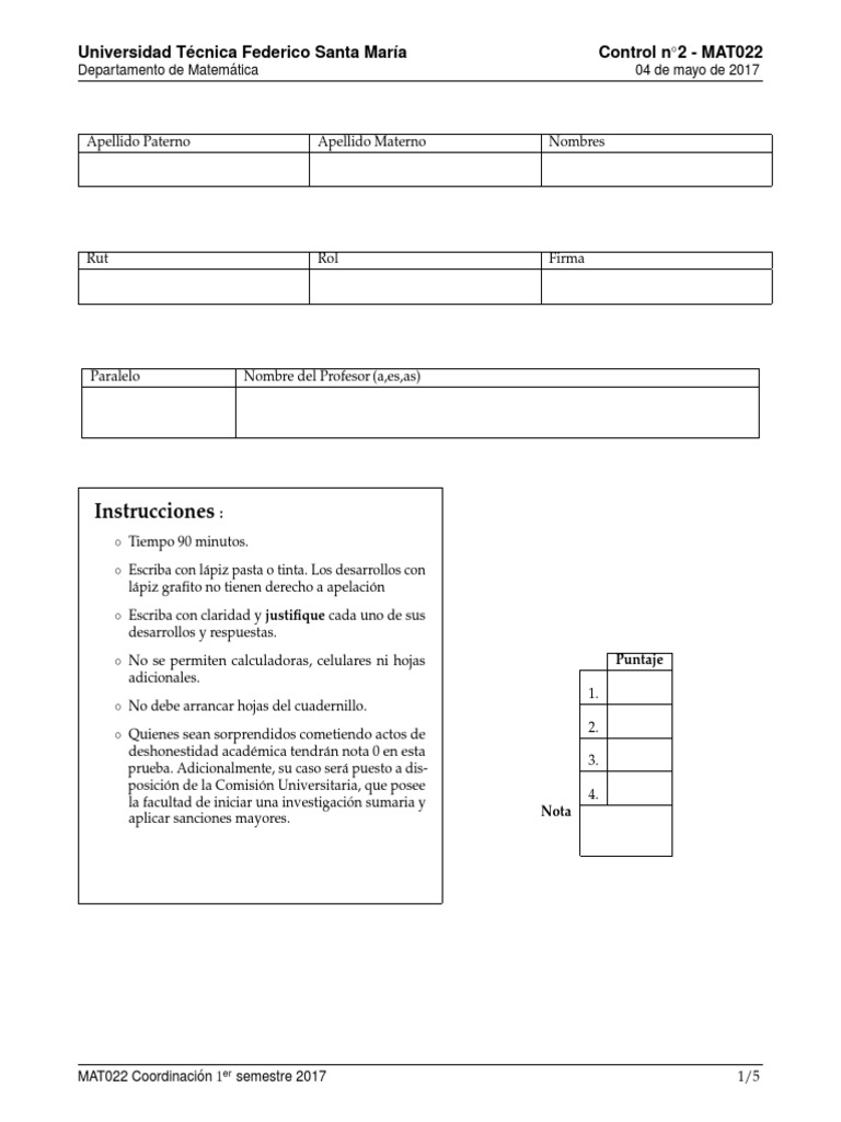 Pauta Control2 - SPJ-Mat022 - 2017 - 1 | PDF | Matemática Elemental | Conceptos matemáticos