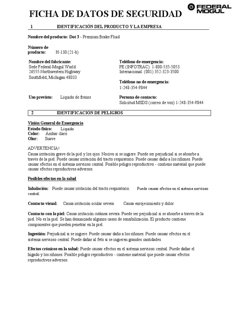 MSDS DOT-3 Liquido de Frenos | PDF | Etanol | Compuesto orgánico volátil