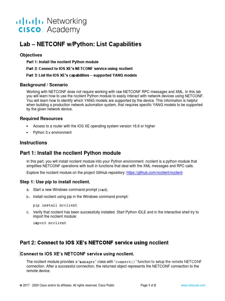2 7 Lab Netconf Wpython List Capabilities Pdf Information Technology Management System