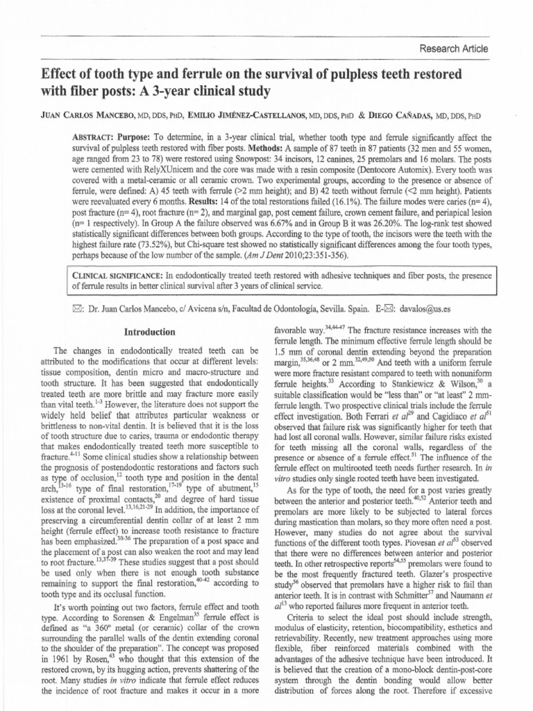 Effect of Tooth Type and Ferrule On The Survival of Pulpless Teeth ...