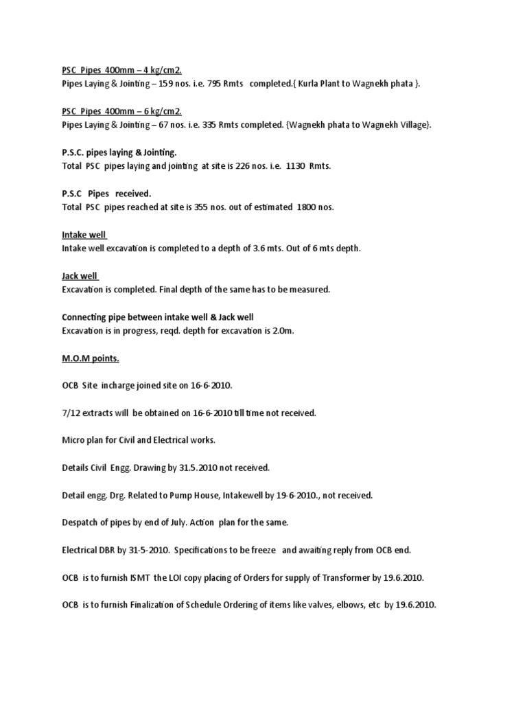 PSC Pipes Installation Progress Report | PDF