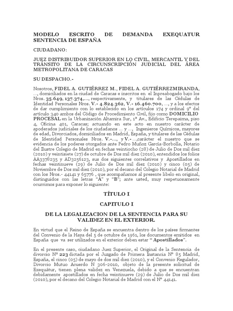 Modelo Escrito de Demanda Exequatur Sentencia de España | PDF ...