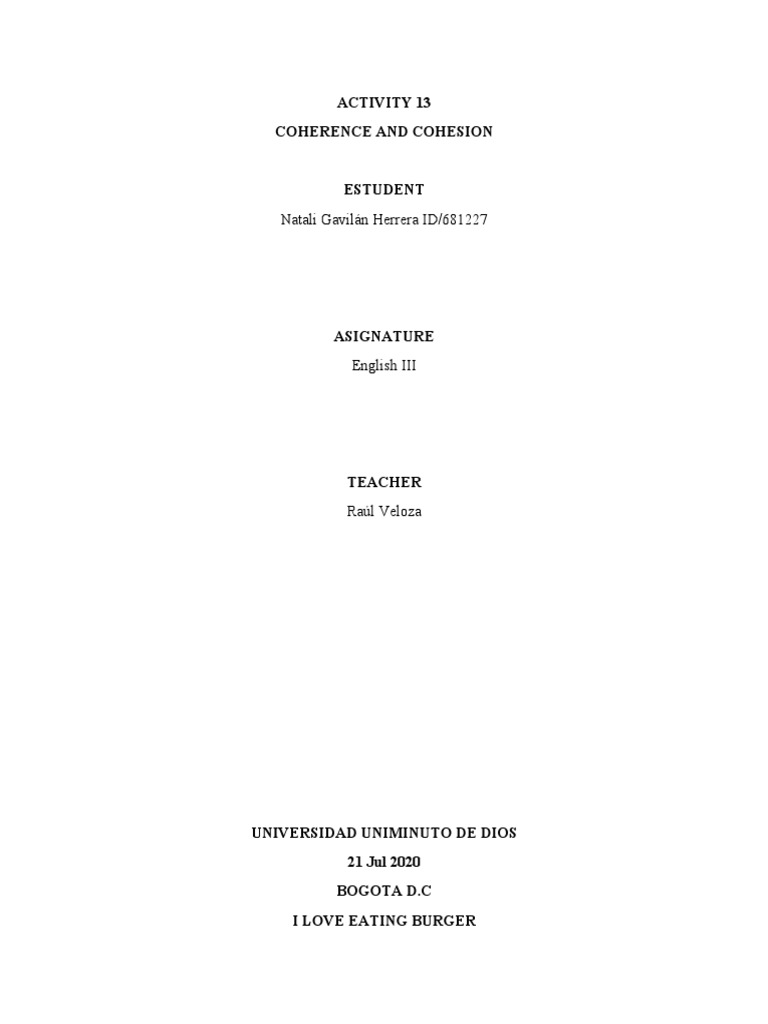 ACTIVITY 13.COHERENCE AND COHESION - Word | PDF | Hamburgers | Restaurants