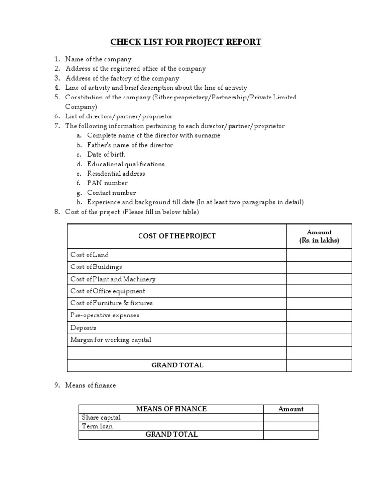 Check List For Project Report | PDF | Cost | Loans