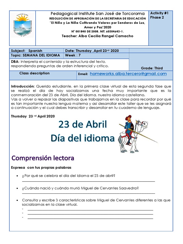 SEMANA DEL IDIOMA - TERCERO 23 Abril 2020 | Descargar gratis PDF ...