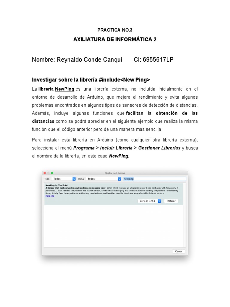 Uso de NewPing en Arduino | PDF | Biblioteca (informática) | Arduino