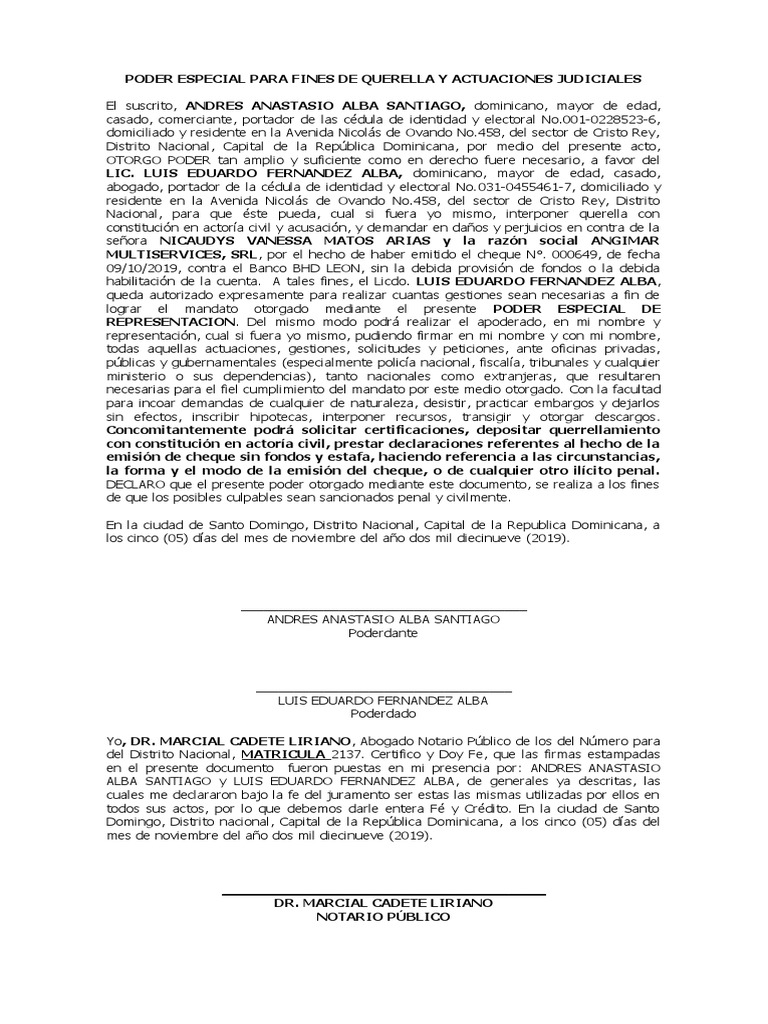 Poder Especial para Querella Judicial | PDF | Queja | República Dominicana