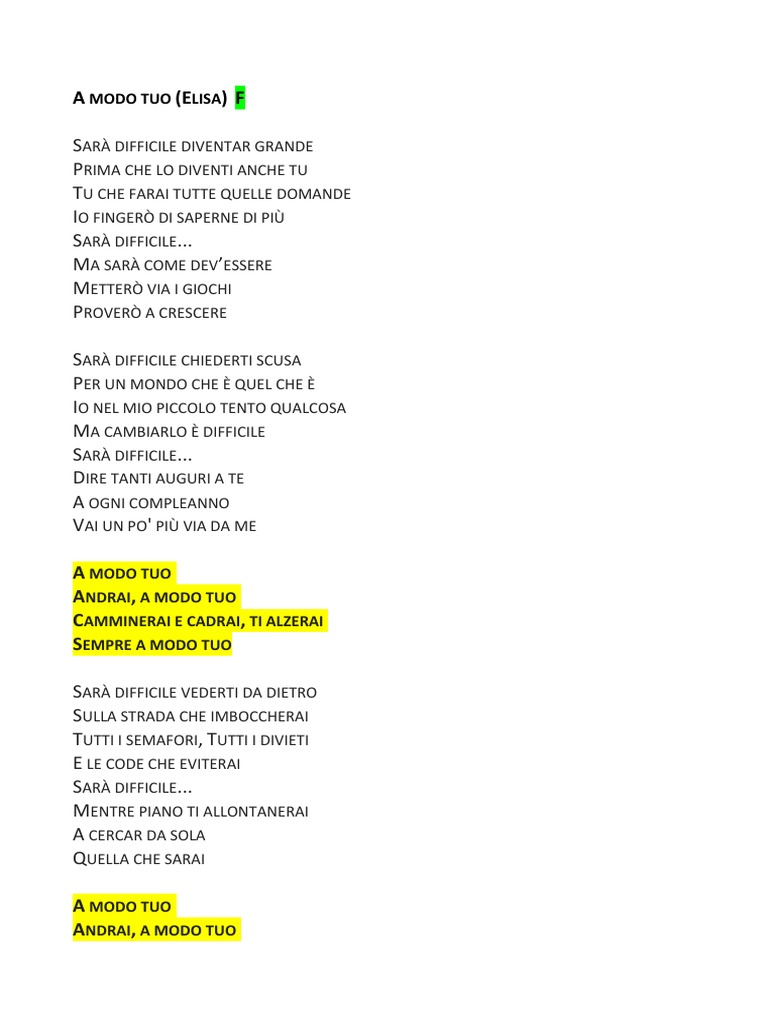 A MODO TUO (Elisa) | PDF