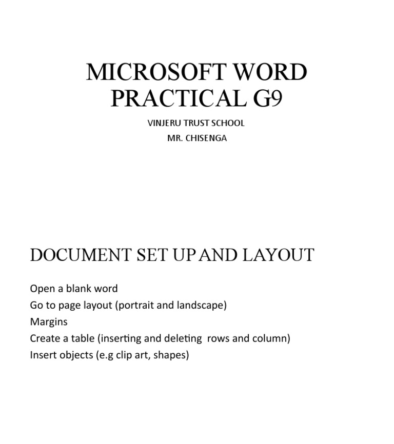 Microsoft Word Practical G9: Vinjeru Trust School Mr. Chisenga | PDF